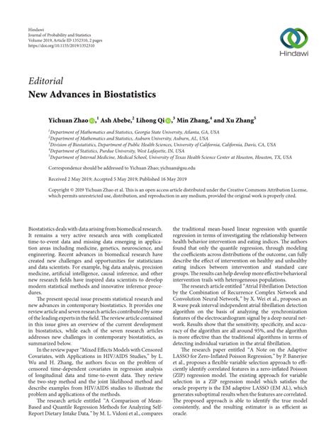 Pdf Editorial New Advances In Biostatistics