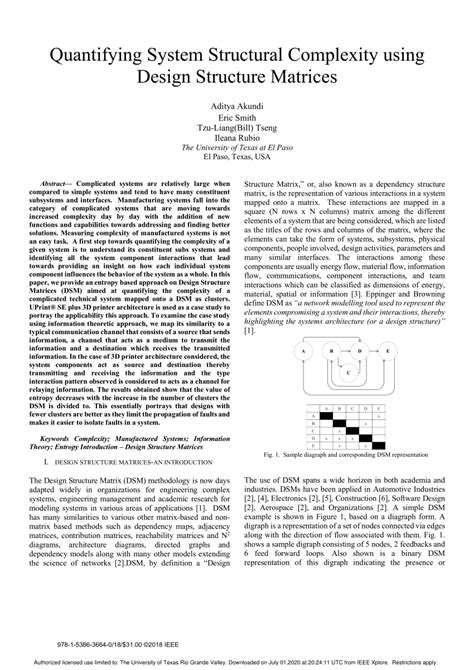 Pdf Quantifying System Structural Complexity Using Design Structure