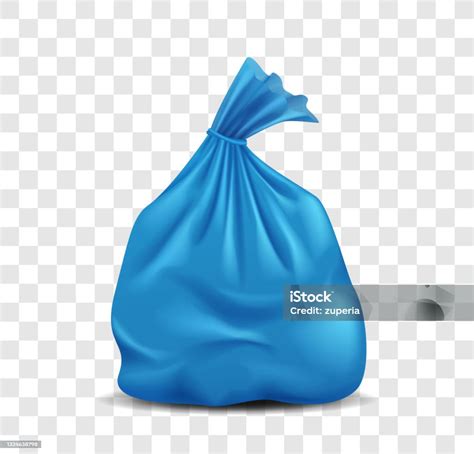 투명 한 배경에 고립 된 쓰레기 폐기물의 전체 현실적인 상세한 파란색 비닐 봉투 0명에 대한 스톡 벡터 아트 및 기타 이미지 0명 3차원 형태 가득 찬 Istock