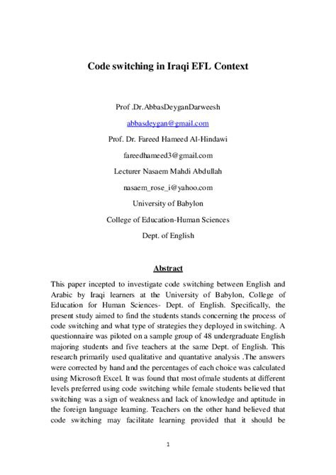 Pdf Code Switching In Iraqi Efl Context
