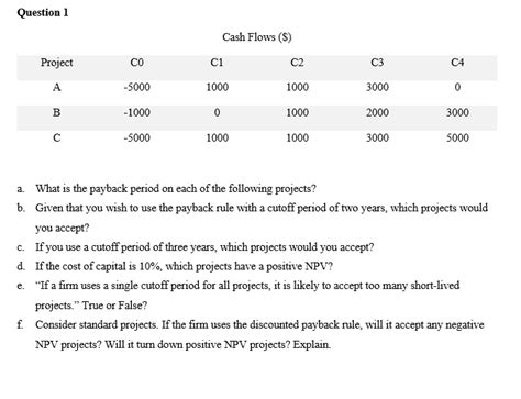 solved question 1 cash flows a what is the payback