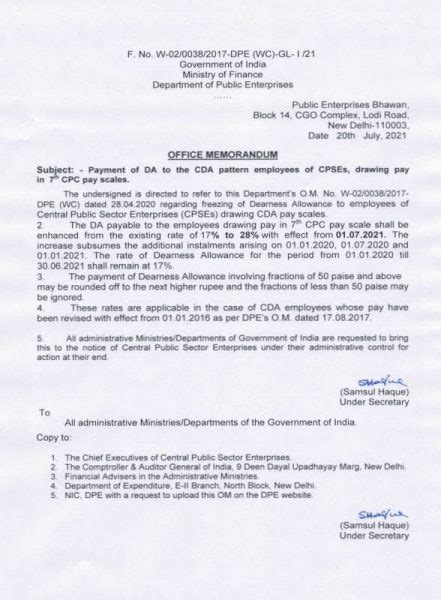 Payment Of Da To The Cda Pattern Employees Of Cpses Drawing Pay In 7th Cpc Pay Scales Dpe Om