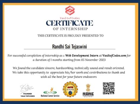 Tejaswini Randhi On Linkedin Internshipcompletion Professionalgrowth Vaultofcodes Aicte