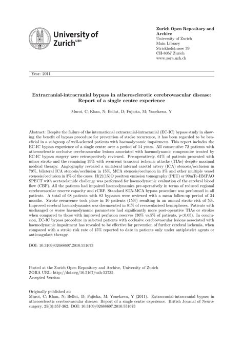 Pdf Extracranial Intracranial Bypass In Atherosclerotic Cerebrovascular Disease Report Of A