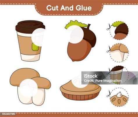 자르고 접착제 도토리 차 컵 파이 버섯 볼레투스의 일부를 잘라 접착제 교육 어린이 게임 인쇄 워크 시트 벡터 일러스트레이션 0명에 대한 스톡 벡터 아트 및 기타 이미지