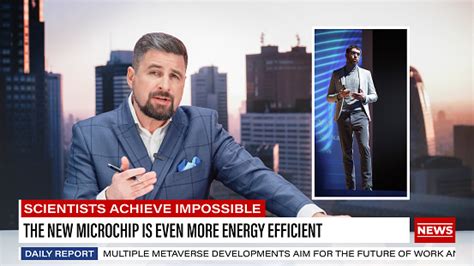 스플릿 스크린 Tv 뉴스 라이브 보고서 앵커맨 회담 Reportage Montage Male Newscaster 리뷰 Ceo 발표 새로운 Microchip과 함께 기술