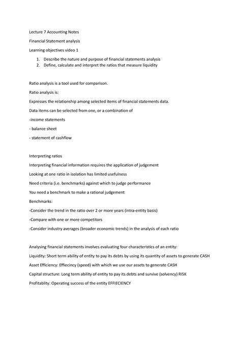 Lecture 7 Accounting Notes Lecture 7 Accounting Notes Financial Statement Analysis Learning
