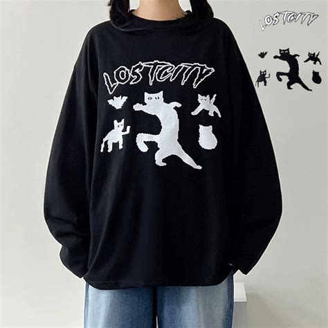 빅사이즈 남여공용 국내제작 박스 오버핏 캣 고양이 프린팅 긴팔 티셔츠 3color 에이블리