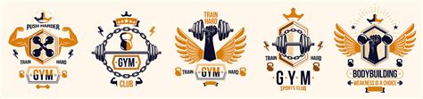 체육관 피트니스 스포츠 엠블럼과 로고 벡터 세트 바벨 아령 케틀벨과 근육 바디 맨 실루엣과 손 운동 운동 스포츠 클럽 활동적인 라이프 스타일로 고립 Championship에