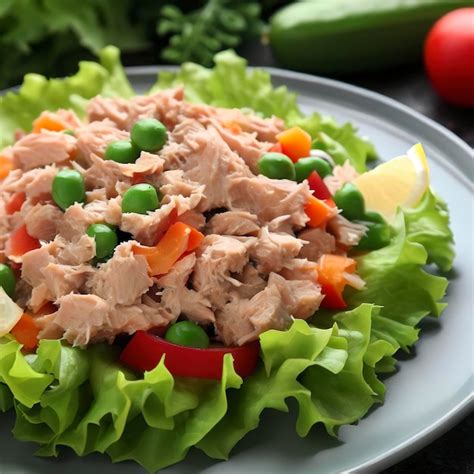 Ensalada De Atún Enlatado Con Verduras En Hojas De Lechuga En Un Plato