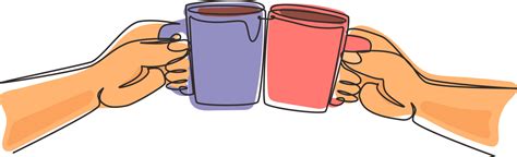 Continuous One Line Drawing Close Up Cropped Of Woman Man Two Hands Horizontal Holding Cups Of