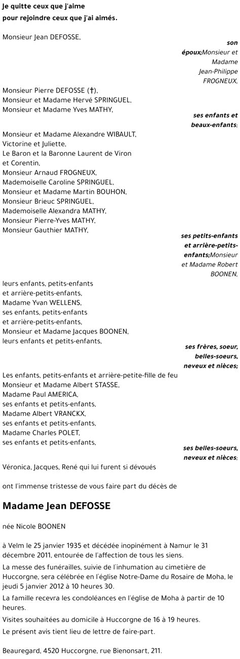 Avis De Décès De Nicole Boonen Décédé Le 31 12 2011 à Namur Annonce Condoléances Fleurs Etc