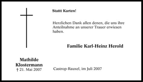 Traueranzeigen Von Mathilde Klostermann Trauer In Nrw De