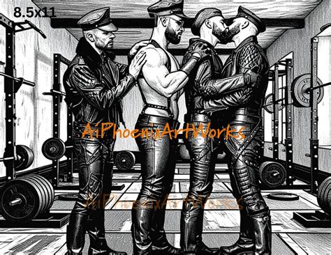 Nsfw Gay Erotic Art Print Leather Military Men Kissing In Gym