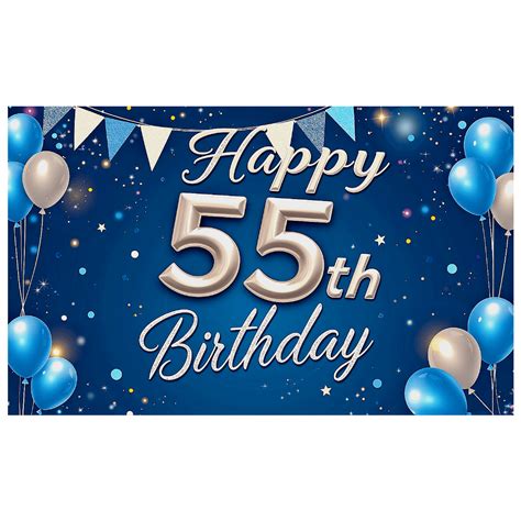 Blue And Silver Happy 55th Birthday Backdrop Banner With Balloon