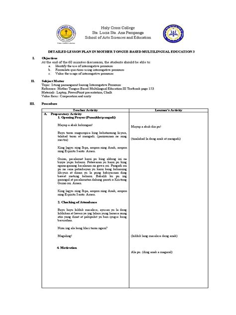 Detailed Lesson Plan In Mother Tongue 1 Pdf Syntax Linguistic