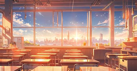 Premium Photo Anime Classroom Golden Sunset View Big Windows Illustration