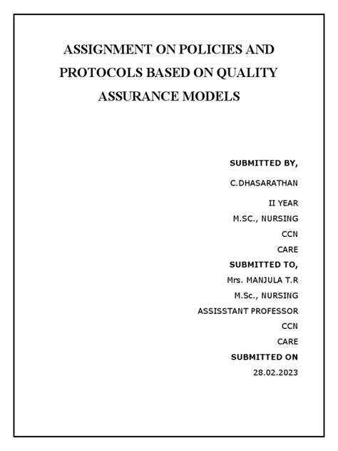 Assignment On Policies And Protocols Based On Quality Assurance Models