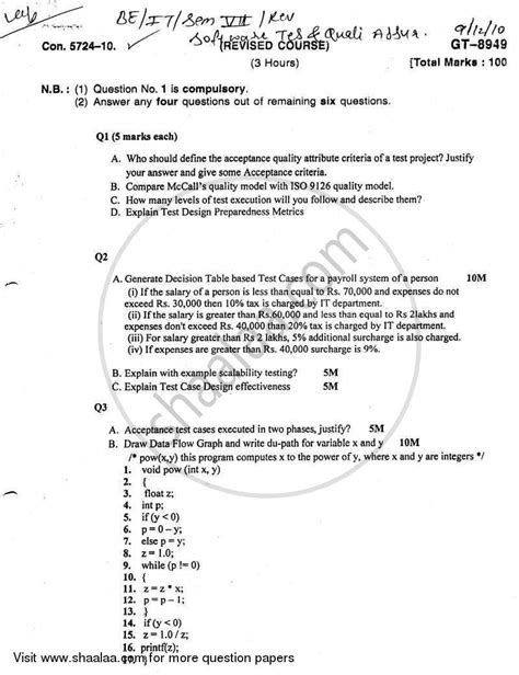 Software Testing And Quality Assurance 2010 2011 Be It Information Technology Semester 7 Be