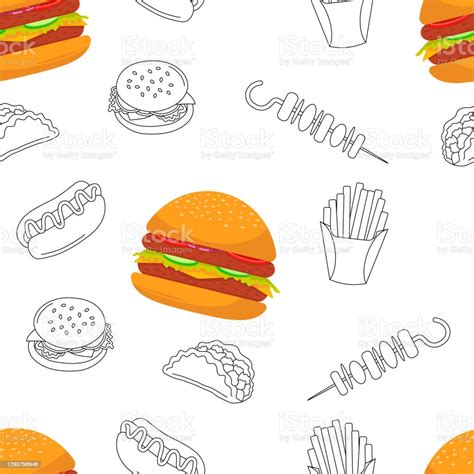 선형 패스트 푸드 제품과 컬러 햄버거로 구성된 벡터 매끄러운 패턴 흰색 배경에 디자인 감자 요리에 대한 스톡 벡터 아트 및 기타