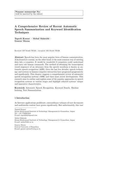 Pdf A Comprehensive Review Of Recent Automatic Speech Summarization