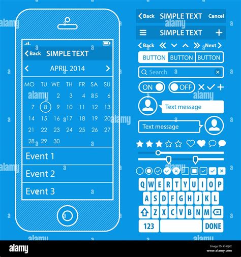 UI Elements Blueprint Design Vector Kit In Trendy Color With Simple Mobile Phone Buttons Forms