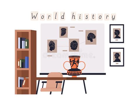World History Classroom With Desk Whiteboard Book Shelf Empty Class