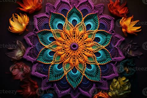 A Colorful Crocheted Mandala Made Up Of Intricate Crochet Stitches And