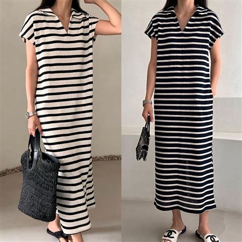 드마르 스티치 단가라 원피스 니트카라 스트라이프 휴가룩 여름롱원피스