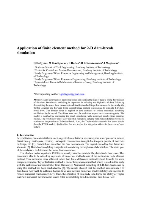 Pdf Application Of Finite Element Method For 2 D Dam Break Simulation