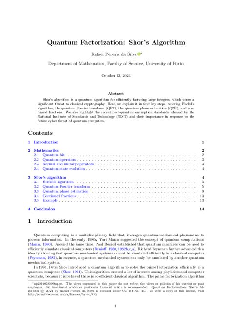 Pdf Quantum Factorization Shors Algorithm