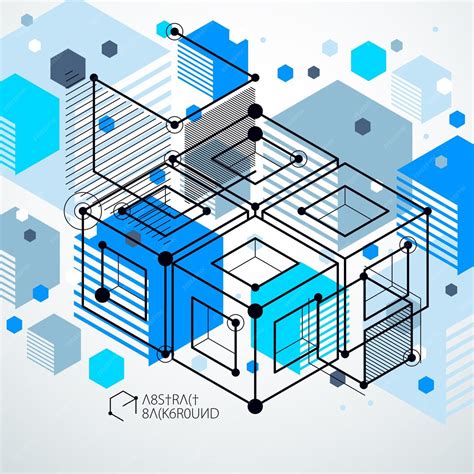 기하학적 요소와 현대 아이소메트릭 벡터 추상 파란색 배경입니다 큐브 육각형 사각형 사각형 및 다른 추상 요소의 레이아웃입니다 프리미엄 벡터