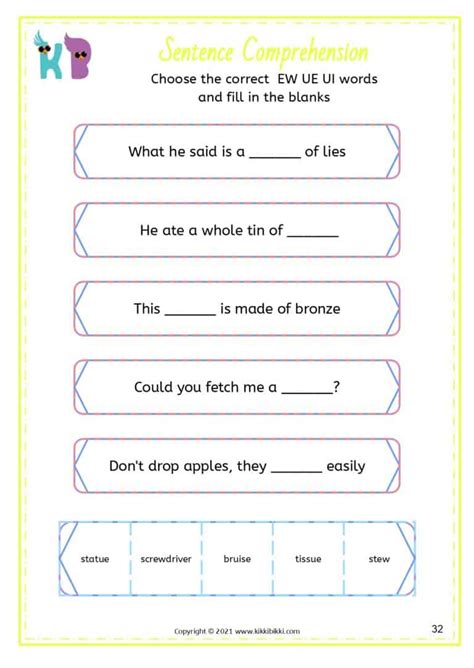 Learn To Spell Ew Ue Ui Words Phonics Worksheets Kikkibikki