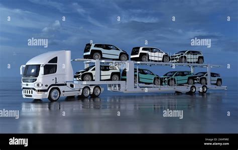 A Car Transporter Loaded With Seven Small Electric Cars Under A Dynamic