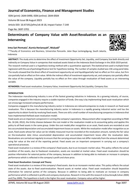 Pdf Determinants Of Company Value With Asset Revaluation As An Intervening