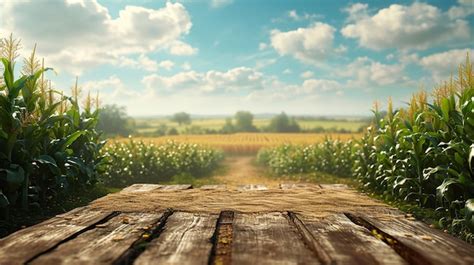 Premium Photo Sweet Corn Field And Wooden Table At Agriculture Corn