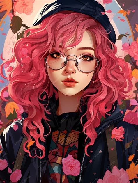 Premium Photo Anime Girl With Pink Hair And Glasses And A Hat
