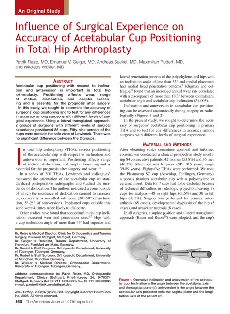 Pdf Influence Of Surgical Experience On Accuracy Of Acetabular Cup Positioning In Total Hip