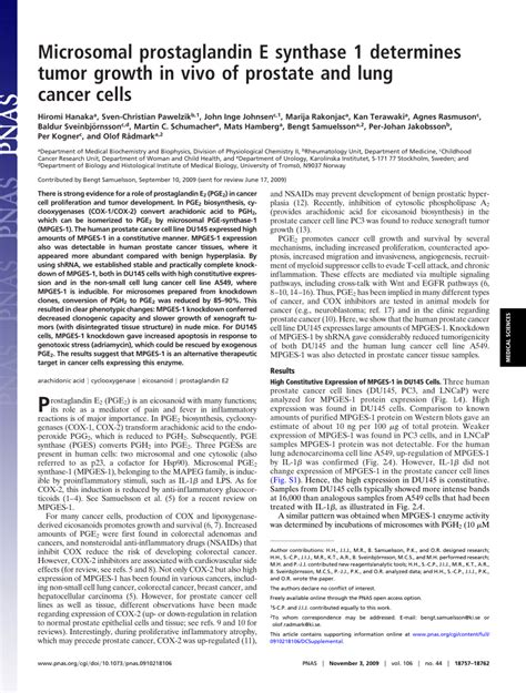 Pdf Microsomal Prostaglandin E Synthase 1 Determines Tumor Growth In Vivo Of Prostate And Lung