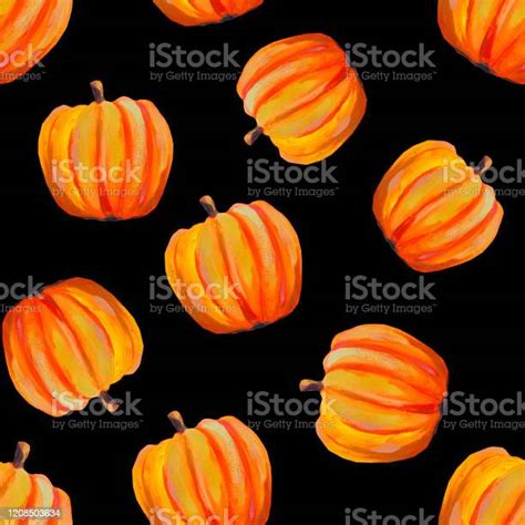 육즙이 오렌지 호박 원활한 패턴 구아슈 손 일러스트레이션 10월에 대한 스톡 벡터 아트 및 기타 이미지 10월 계절 과일 Istock