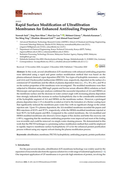 Pdf Rapid Surface Modification Of Ultrafiltration Membranes For