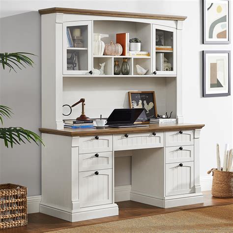 Farmhouse 67h Executive Desk With Hutch And 5 Drawers