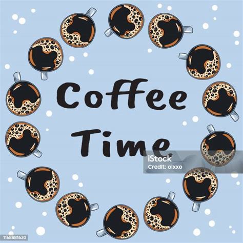 커피 또는 차 한 잔과 커피 시간 배너 손으로 그린 만화 스타일의 엽서 귀여운 화환 장식 디자인 건강한 생활방식에 대한 스톡 벡터 아트 및 기타 이미지 Istock