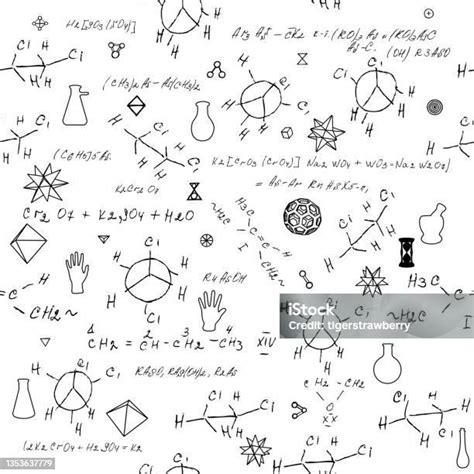 자필 화학 공식 화학 관계 또는 기호 다양한 물질 화합물 원자 분자 및 이온으로 구성된 규칙과 원활한 끝없는 패턴 배경 벡터 검사 보기에 대한 스톡 벡터 아트 및 기타