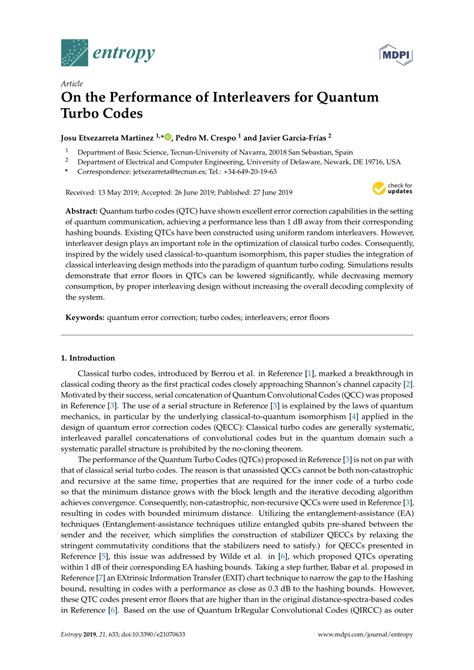 Pdf On The Performance Of Interleavers For Quantum Turbo Codes