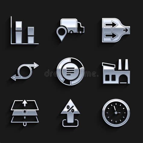 Set Pie Chart Infographic Percent Up Arrow Clock Factory Layers Arrow And Graph Chart