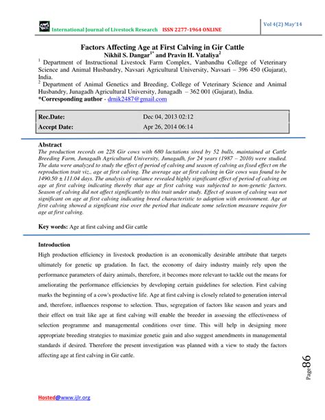 Pdf Factors Affecting Age At First Calving In Gir Cattle