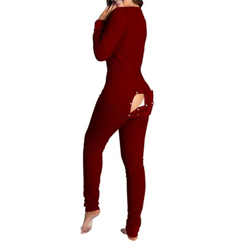 Womens Sexy Butt Button Back Flap Jumpsuit V Neck Long Sleeve Romper