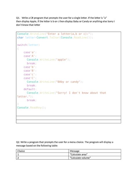 Switch Assignment Q1 Write A C Program That Prompts The User For A