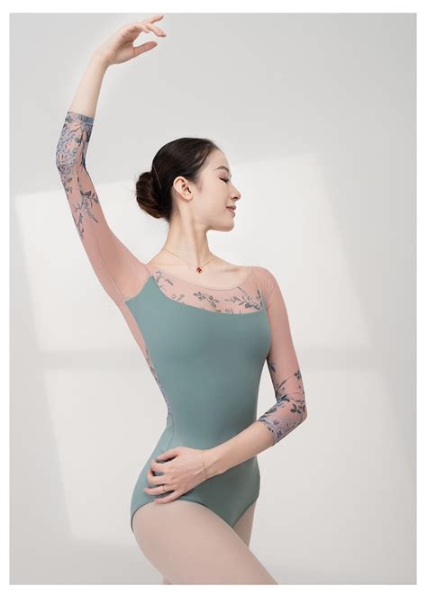 Floral ボートネック メッシュロングスリーブ バレエレオタード（ Green） バレエショップsnowflake Ballerina